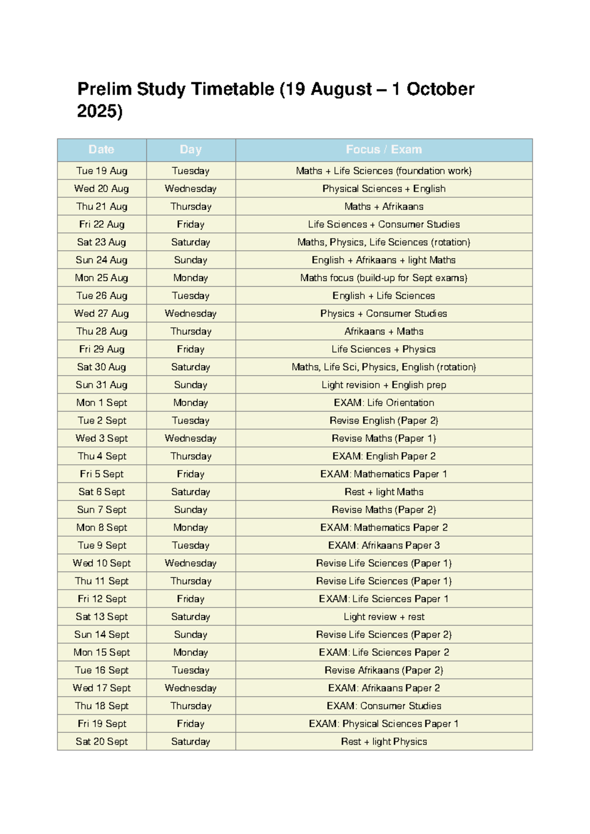 Prelim Study Timetable - Studocu