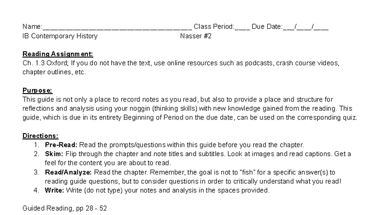 Guided Reading Assignment: IB Contemporary History Nasser Ch. 1.3 - Studocu