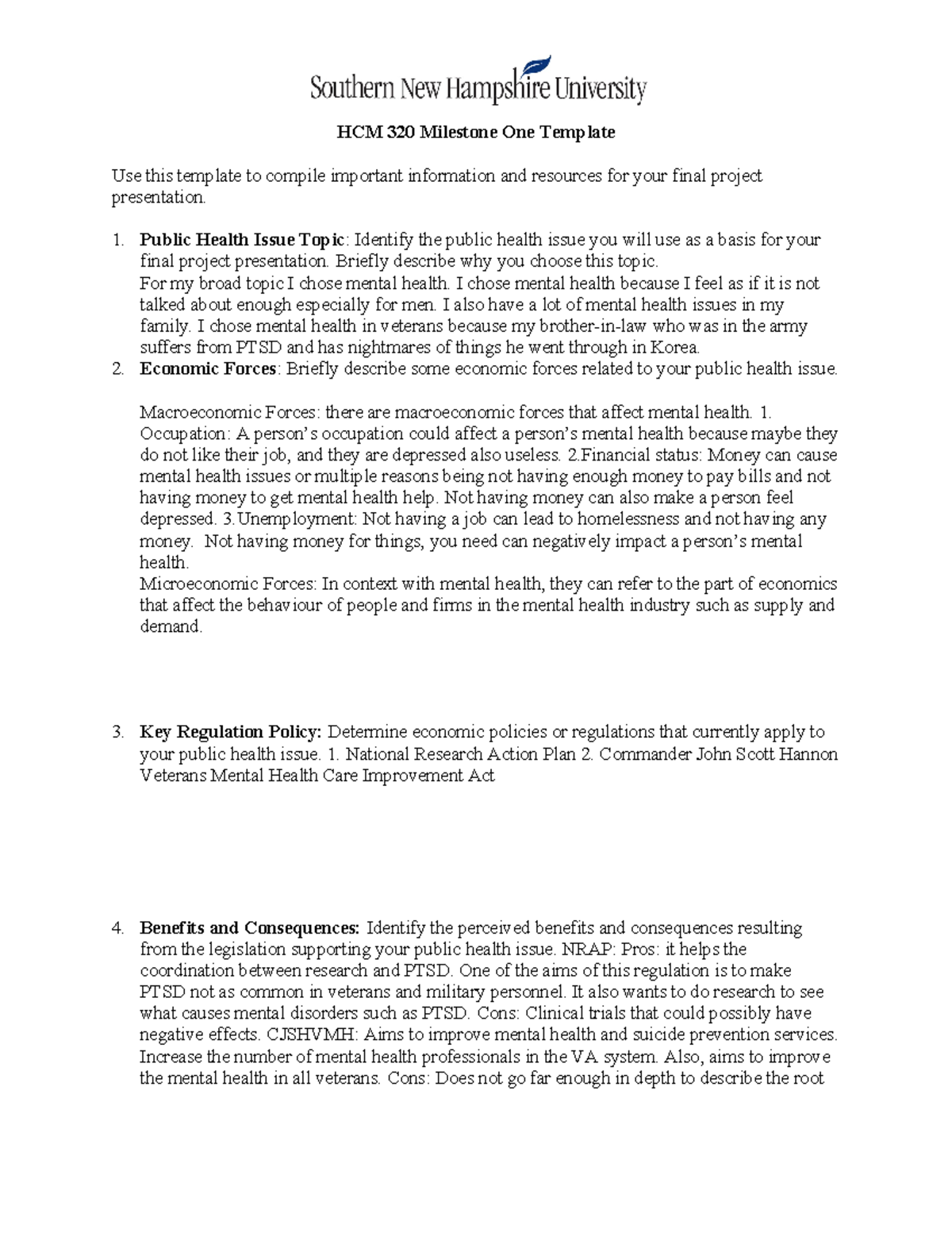 HCM 320 Milestone One - Final Project Template on Mental Health Issues ...