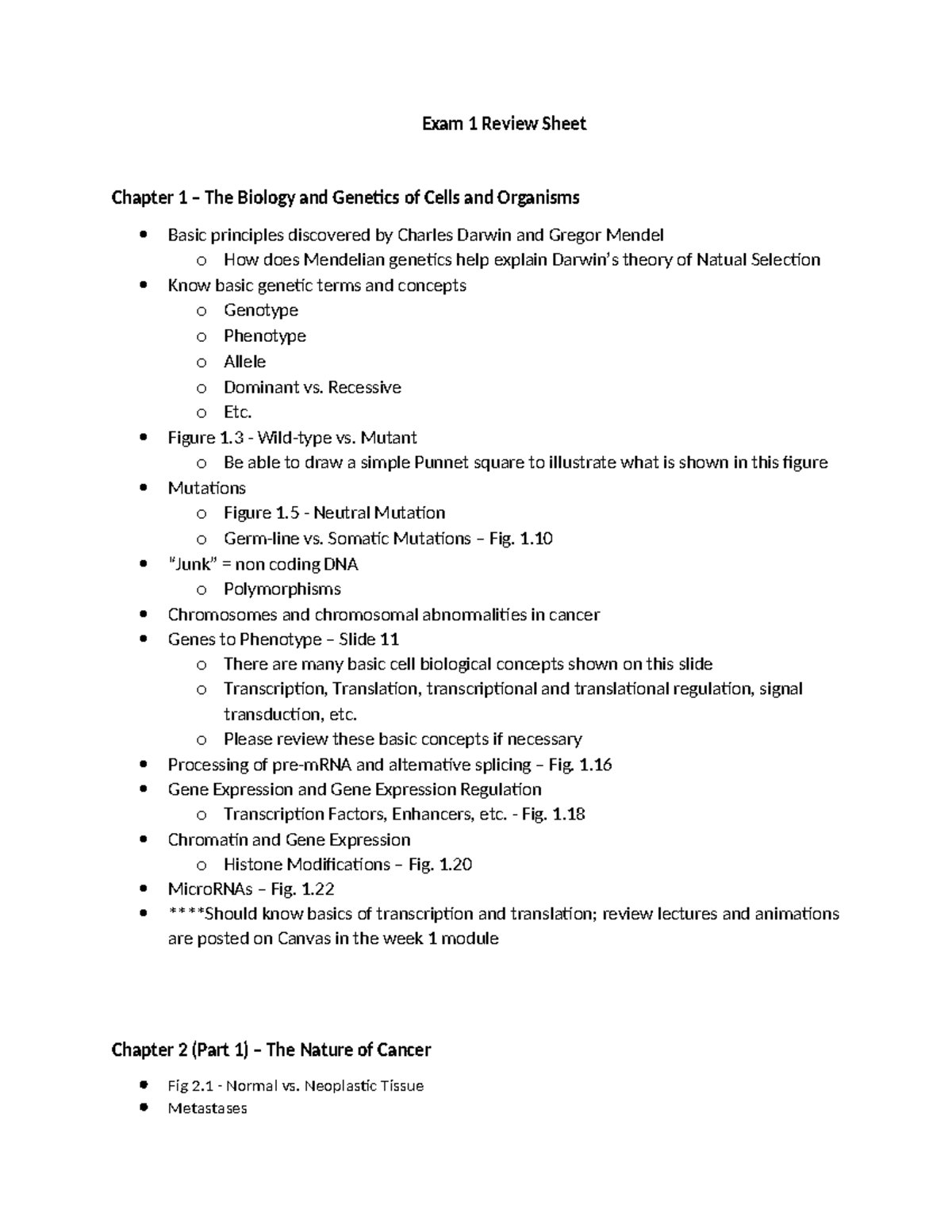 Exam 1 Review Sheet: Biology & Genetics of Cancer (BIO 101) - Studocu
