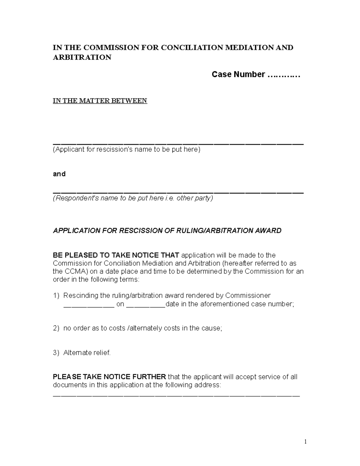 Application for Rescission of Ruling - CCMA Case Form - Studocu