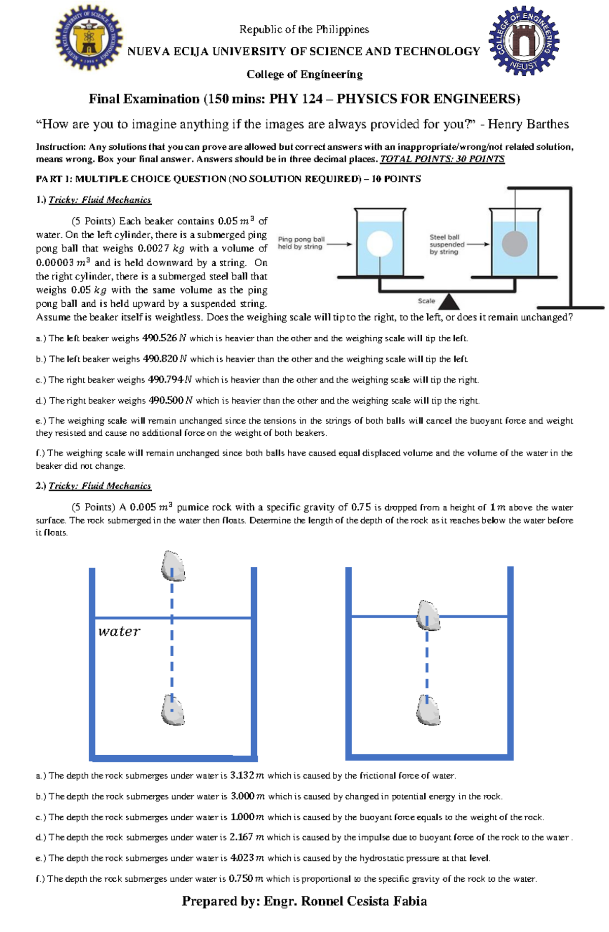 Final Exam PHY 124 Ans Key - Prepared by: Engr. Ronnel Cesista Fabia Republic of the Philippines ...