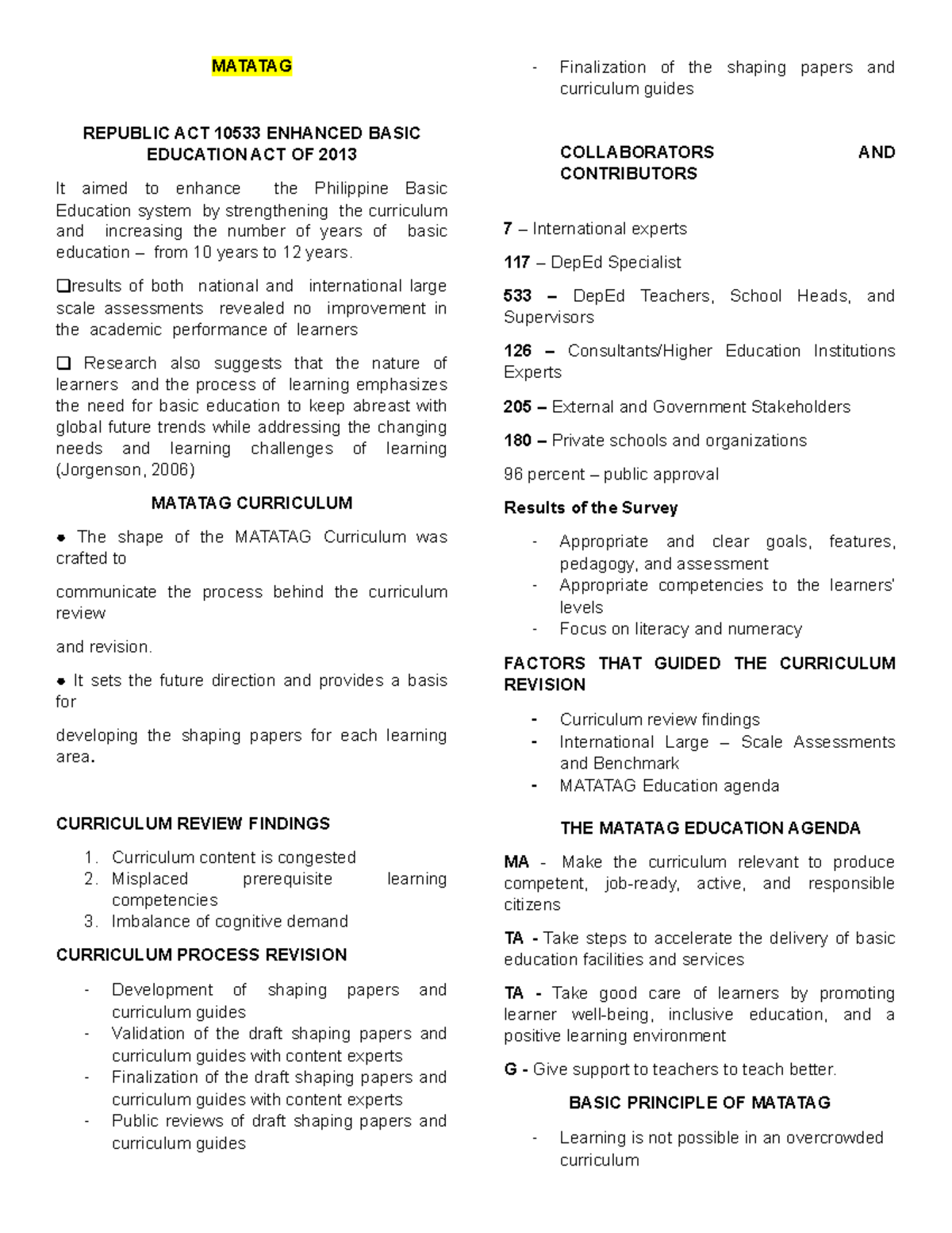 MATATAG REPUBLIC ACT 10533: Finalization of Curriculum Guides and ...