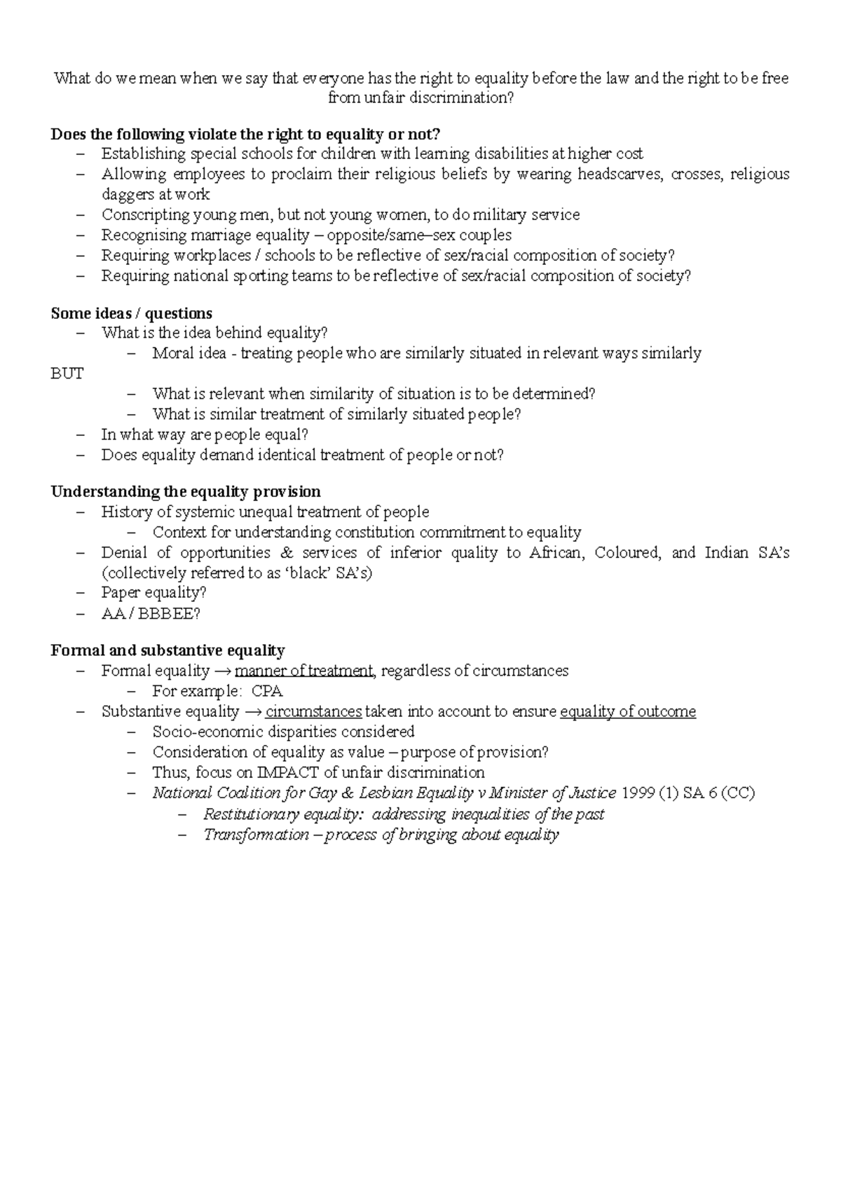 Equality Exam Notes (Course Code: LAW 101) - Studocu