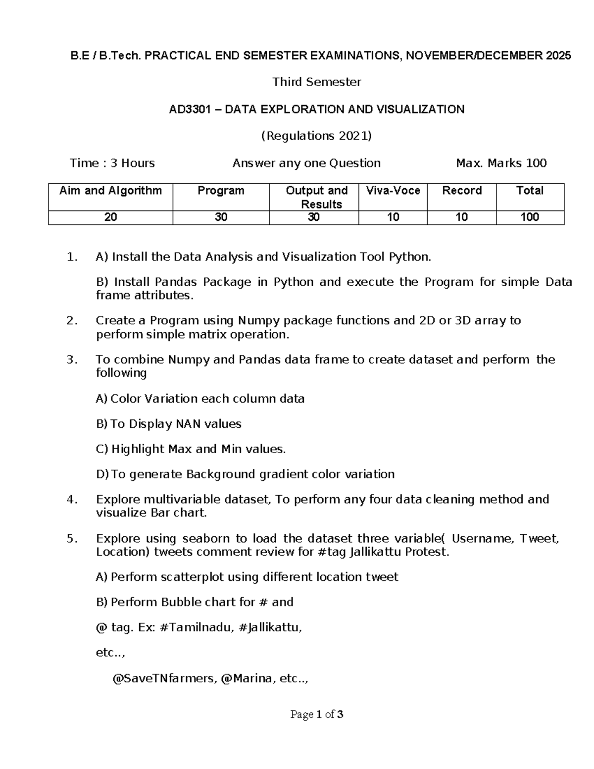AD3301 Data Exploration & Visualization Lab Exam QP Set 2 - Studocu