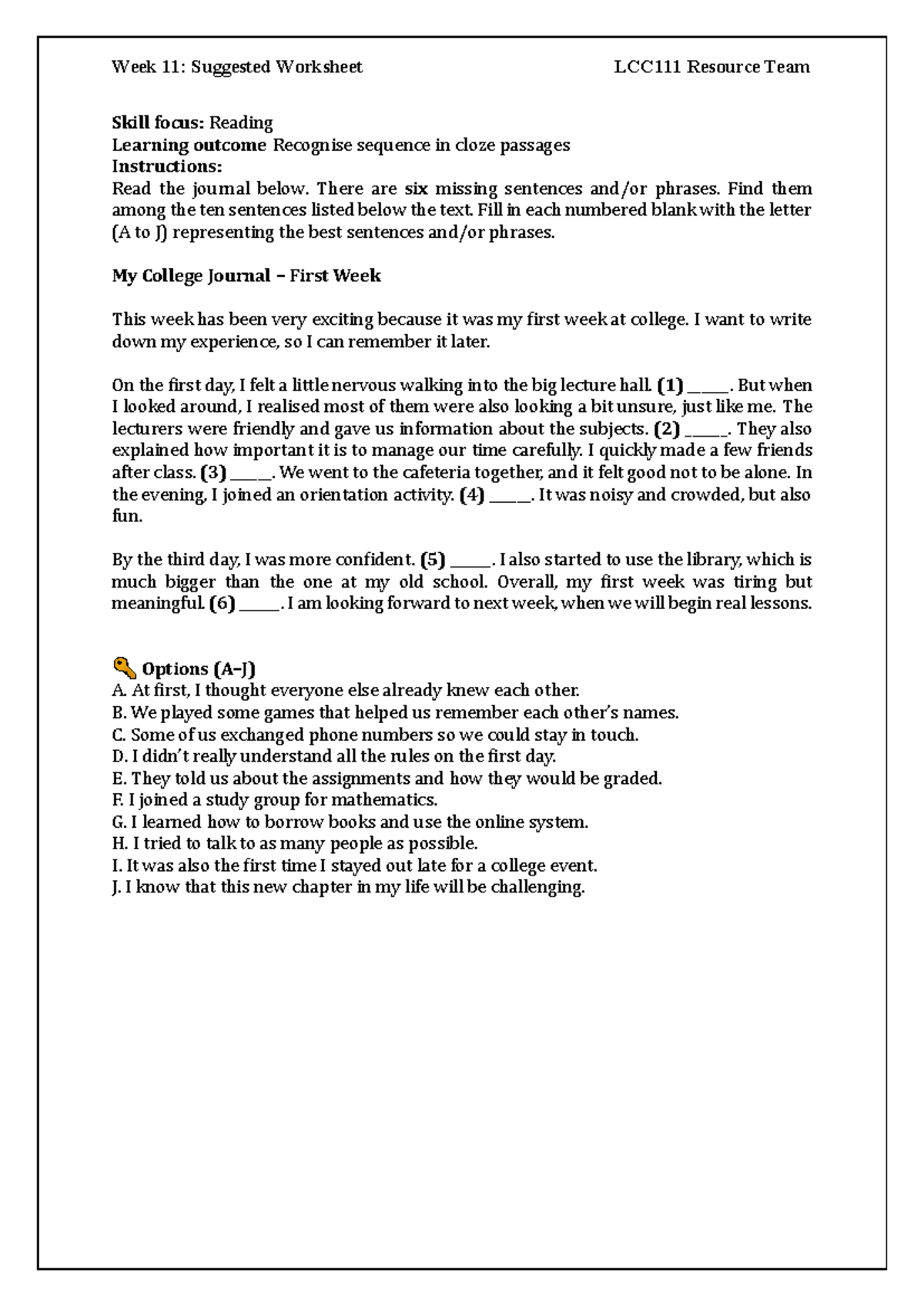 Week 11: Reading Practice - Cloze Passage Worksheet - Studocu