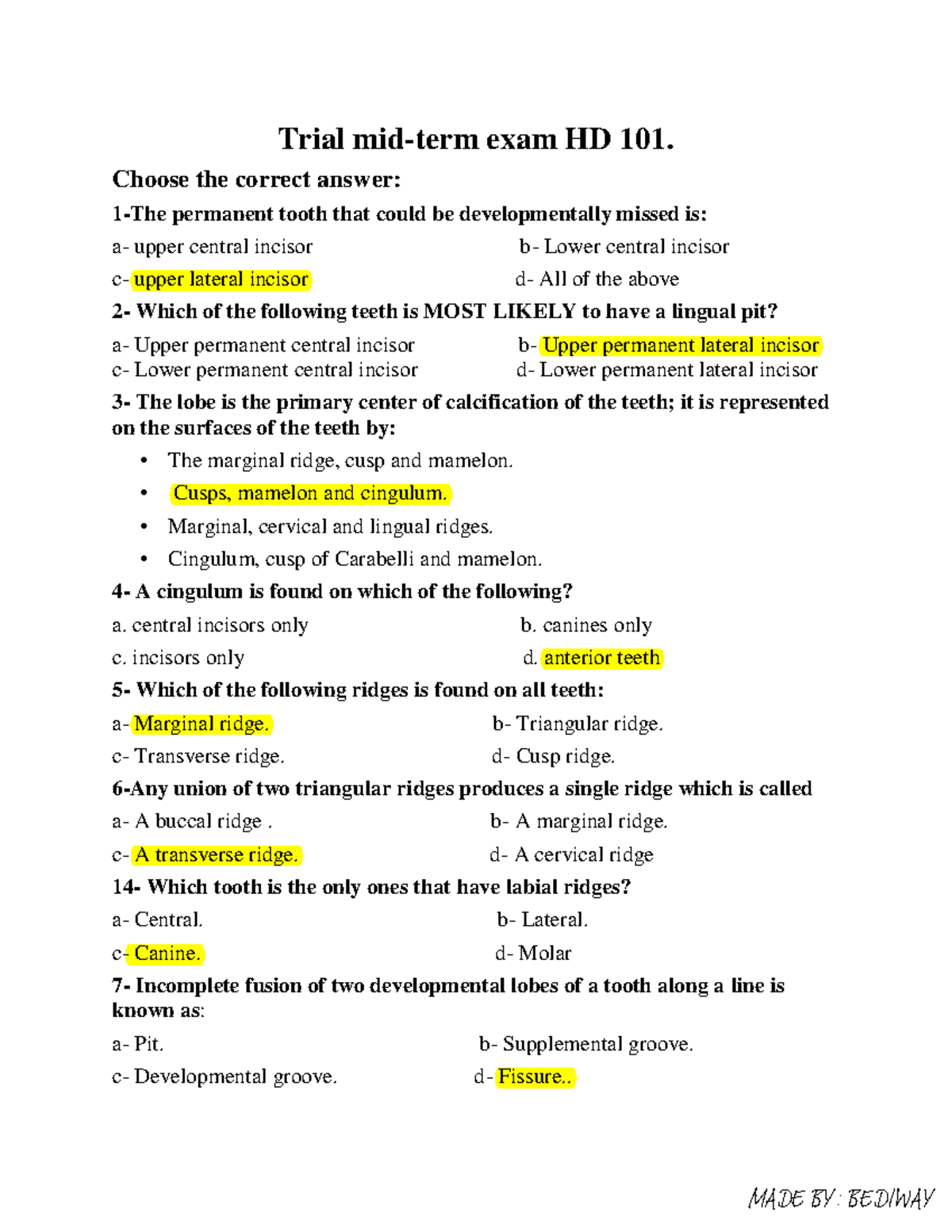 Dental Anatomy Trial Mid-Term Exam Questions (HMD 101) - Studocu