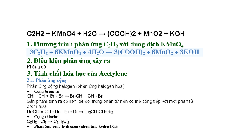 Phản ứng hóa học của Acetylene với KMnO4 và các chất khác - Hóa học 12 ...