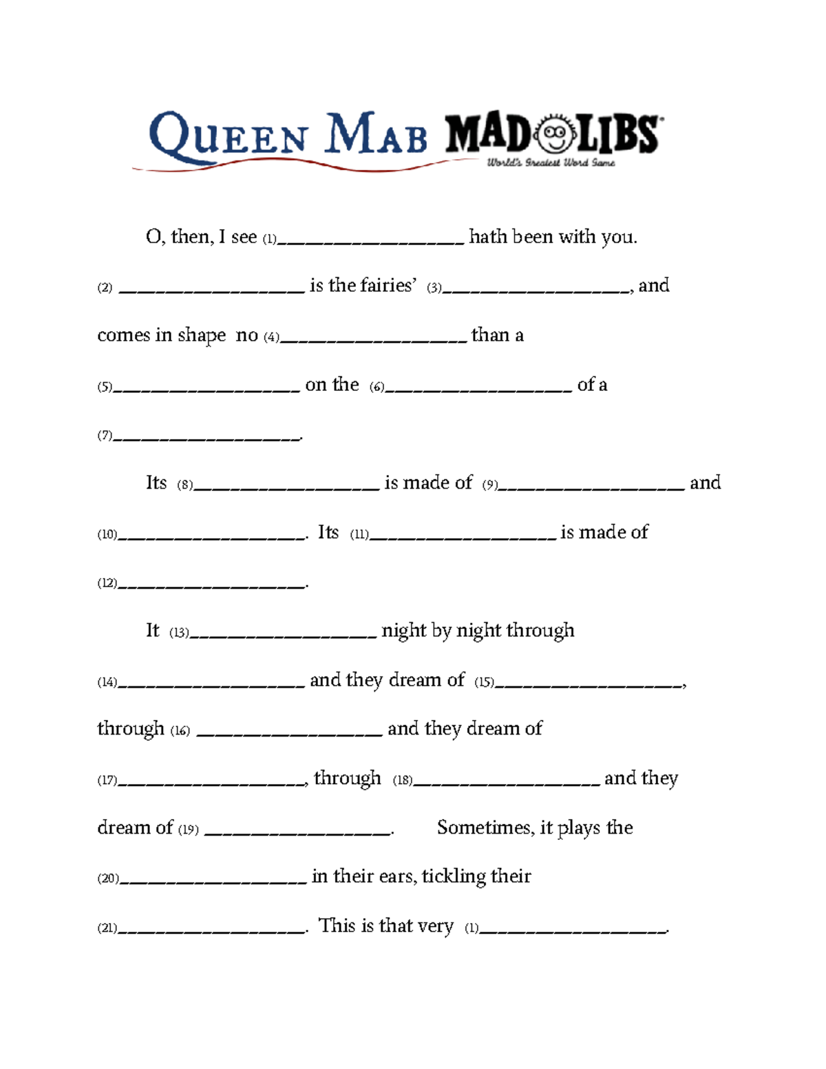 Queen Mab Mad Libs - Fun Word Game Inspired by Romeo and Juliet (FUN-1 ...