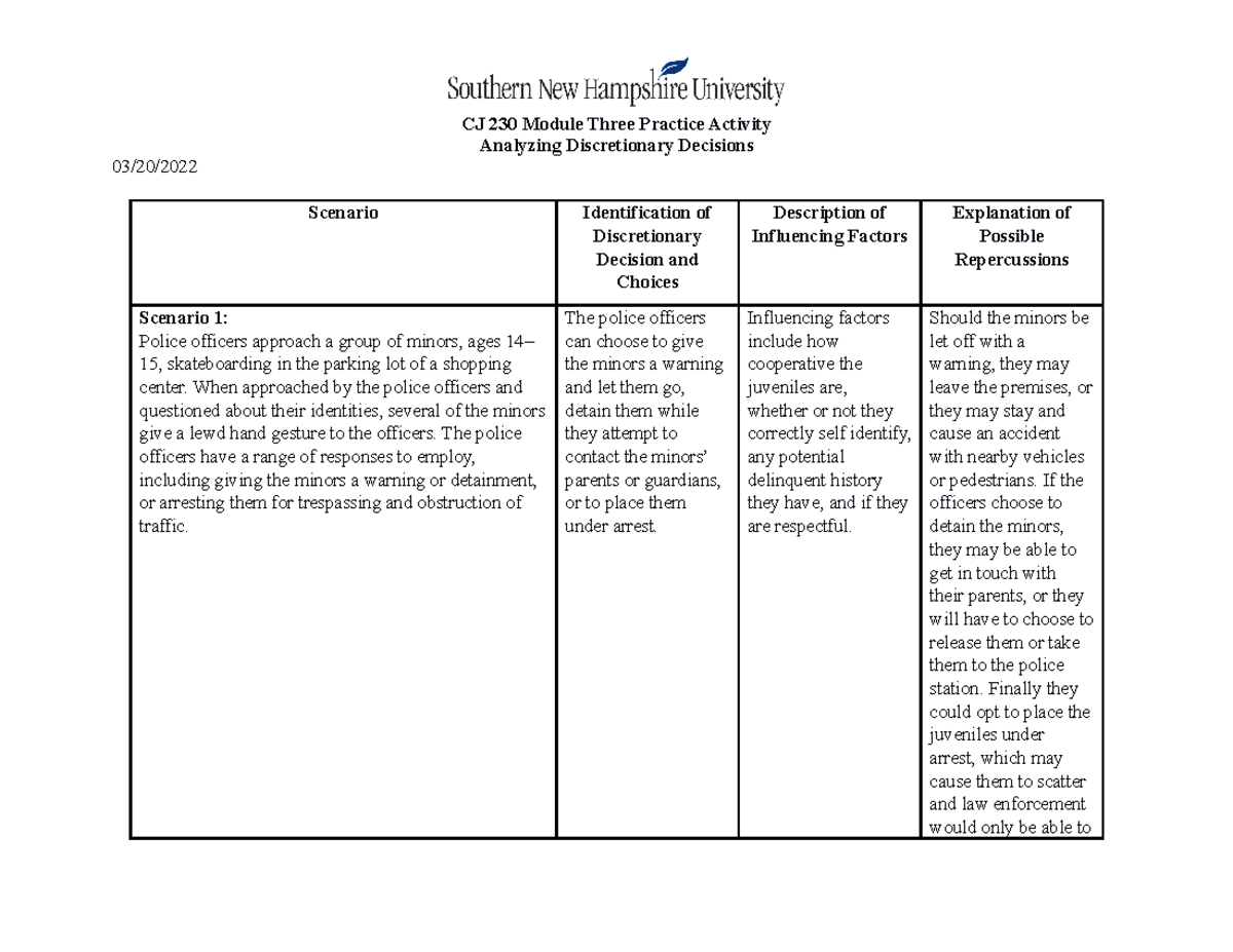 CJ 230 Module 3 Discretionary Decision Analysis Activity - Studocu