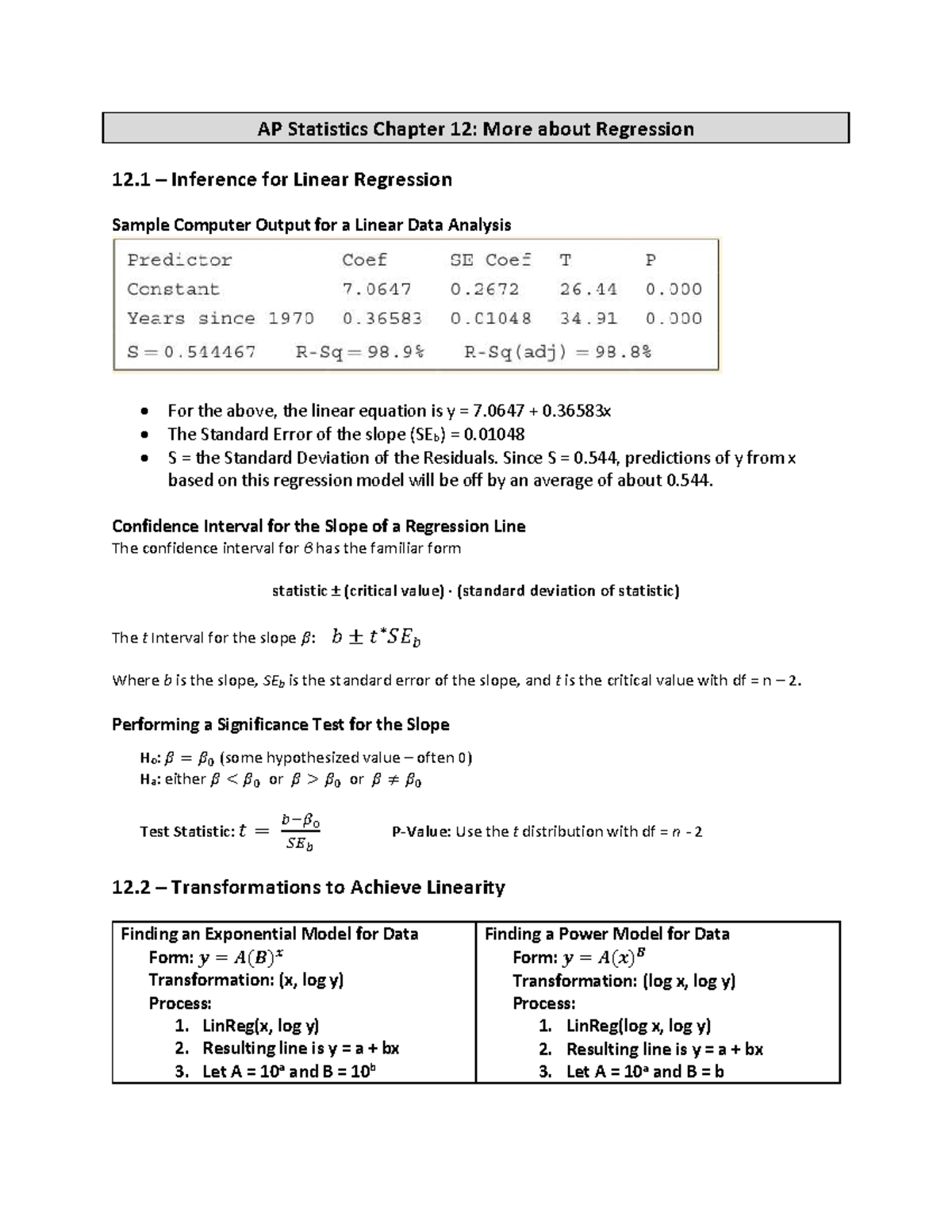AP Statistics Chapter 12: Regression Inference & Model Transformations - Studocu