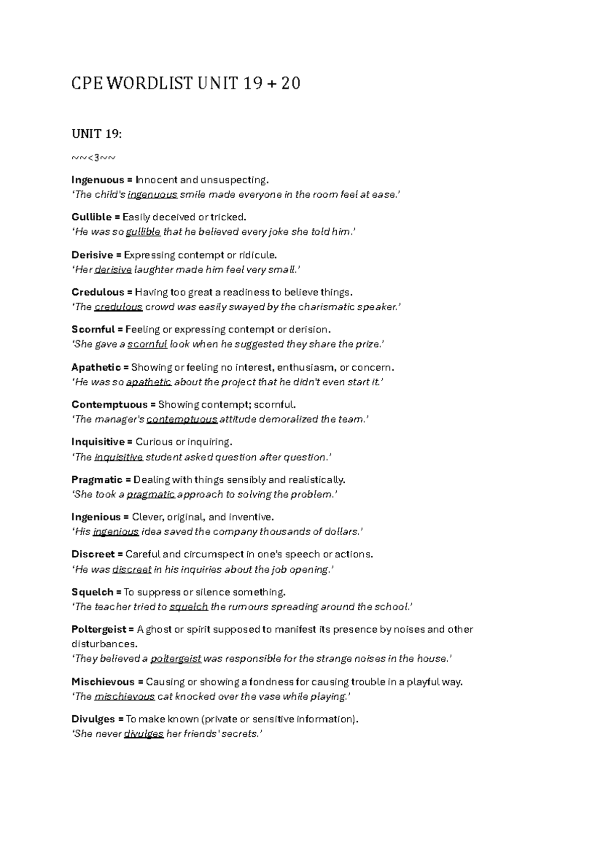 CPE Vocabulary Wordlist Units 19 & 20 - Objective Proficiency Study ...