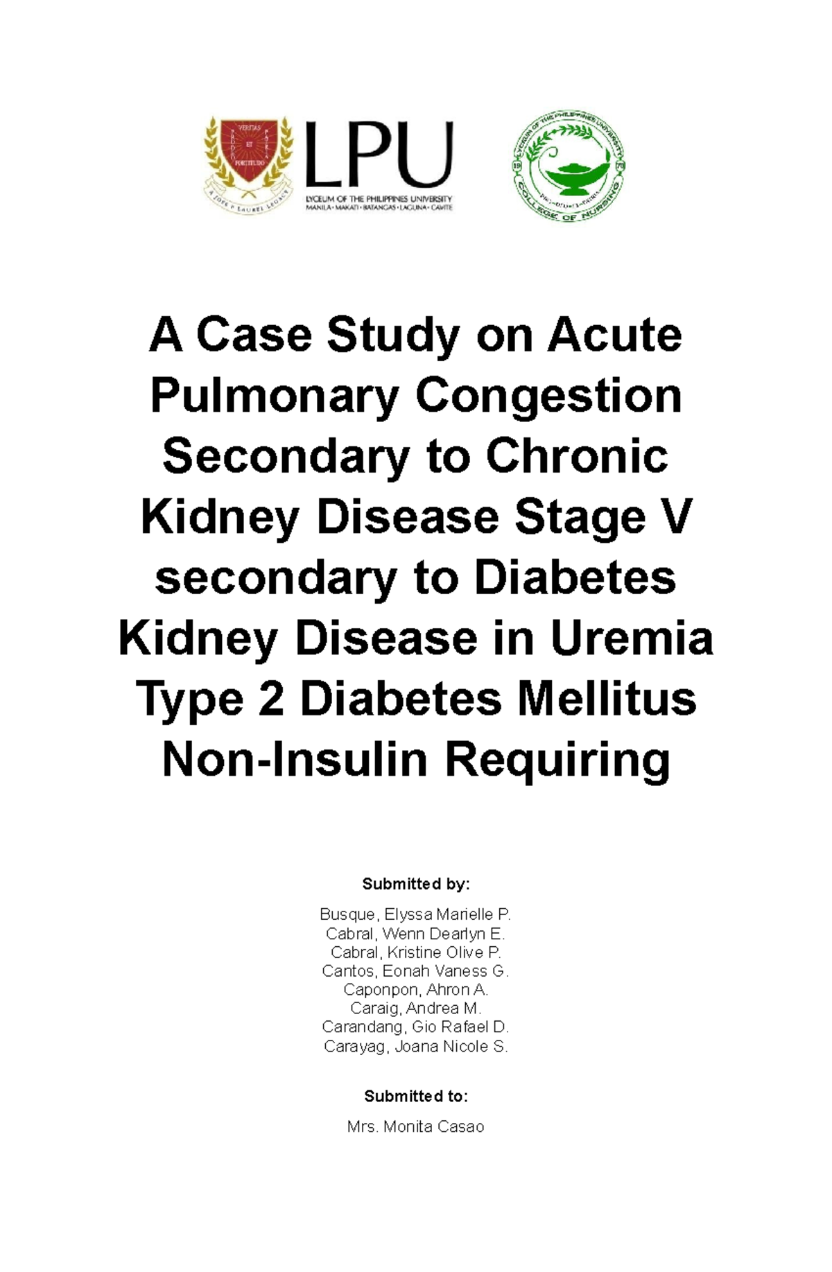 Case Study: Acute Pulmonary Congestion in CKD Stage V & Type 2 DM - Studocu