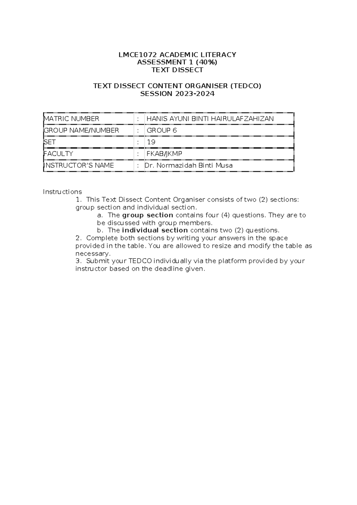 LMCE1072 Academic Literacy Assessment 1: Text Dissect Content Organizer ...