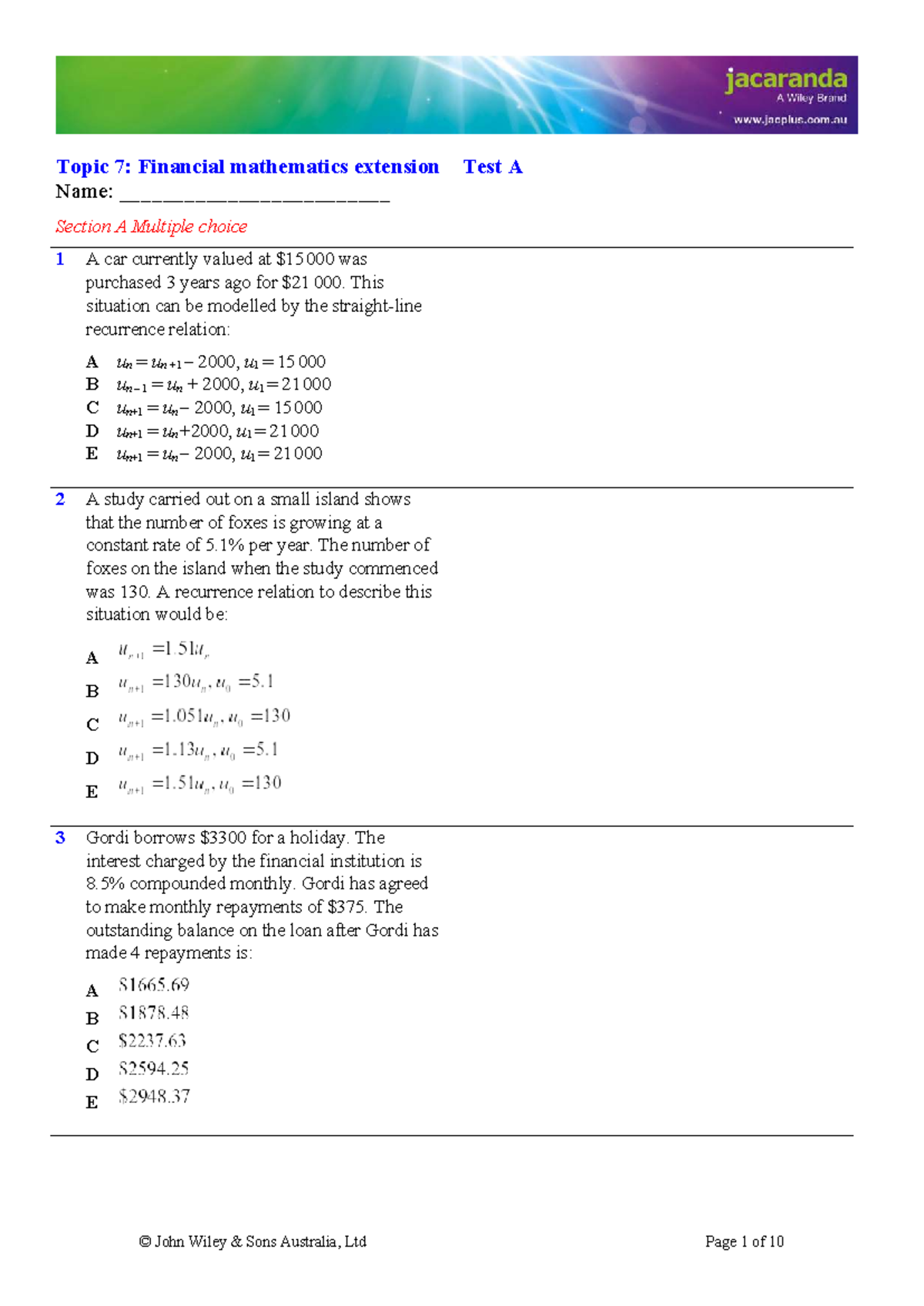 Financial Math Practice Questions: Topic 7 - Test A Recurrence ...