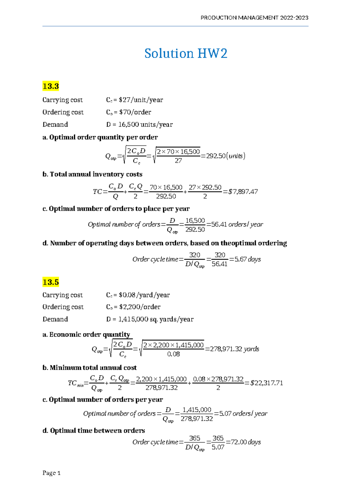 Production Management HW2: Optimal Order Quantities & Costs - Studocu