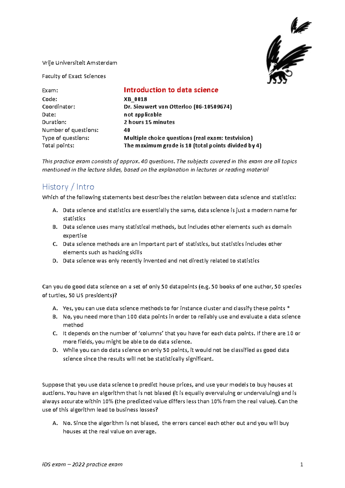 Practice Exam: Introduction to Data Science (XB) - No Answers - Studeersnel