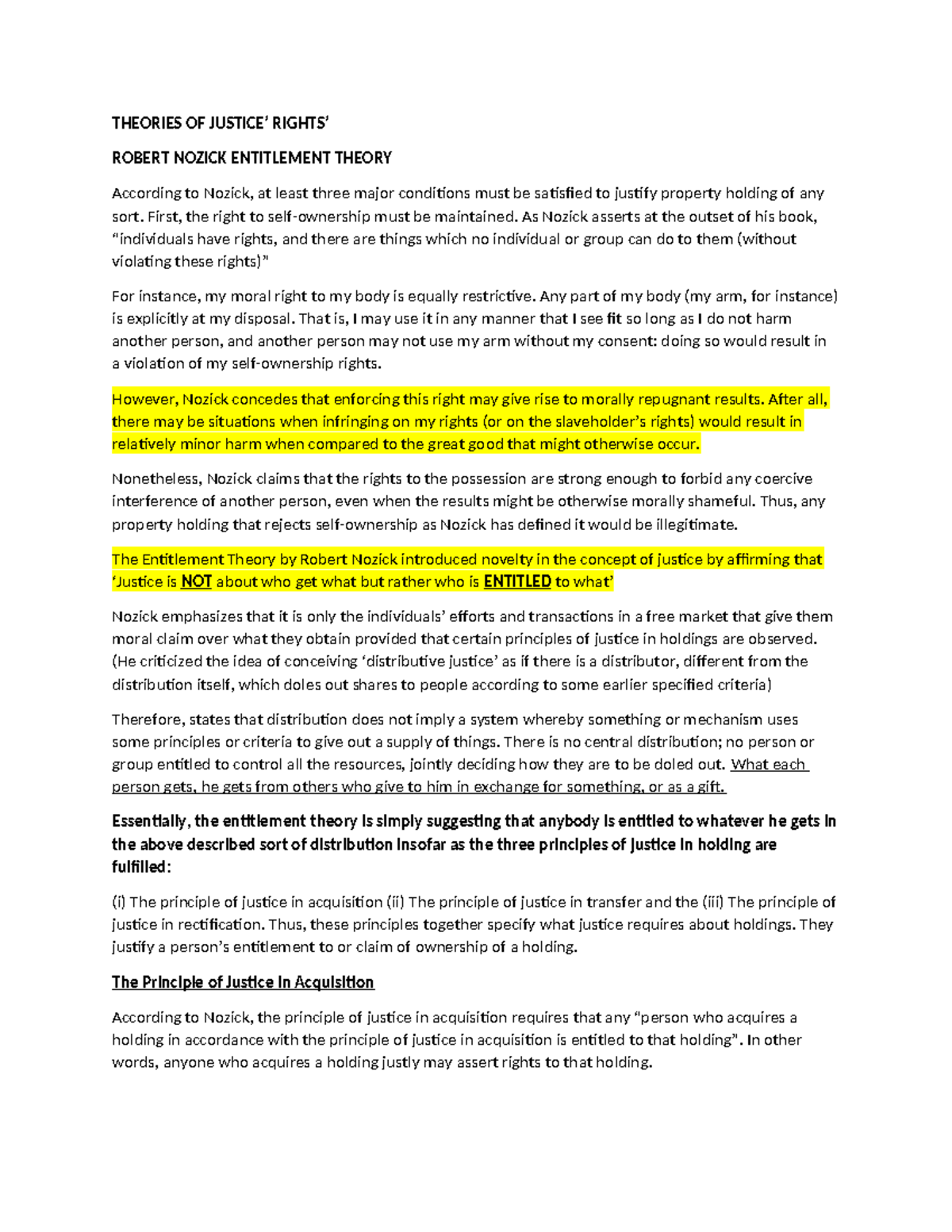 Nozick AND Rawls Summary - THEORIES OF JUSTICE’ RIGHTS’ ROBERT NOZICK ...