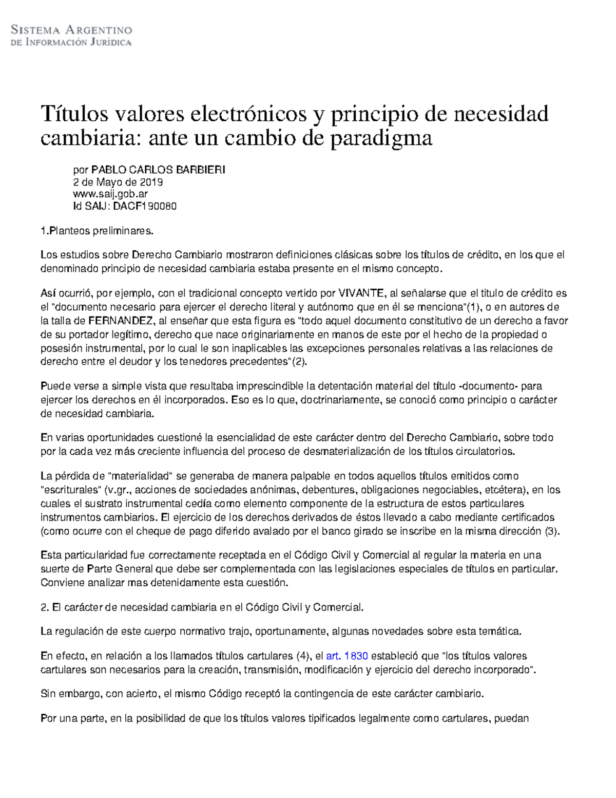 Títulos Valores Electrónicos y el Carácter de Necesidad Cambiaria - Studocu