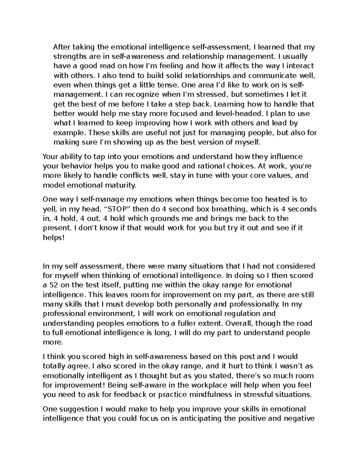 Emotional Intelligence Reflection: Strengths & Areas for Growth ...