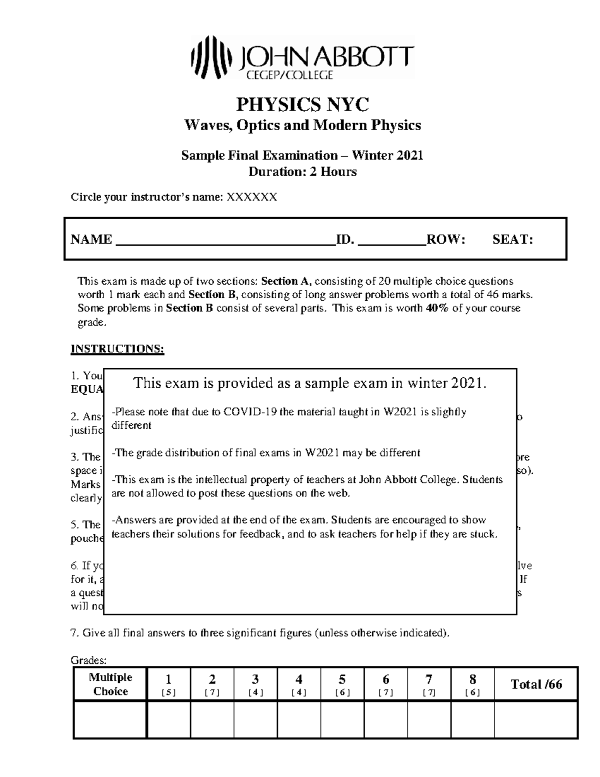 Physics NYC Sample Final Exam – Waves and Optics W2021 - Studocu