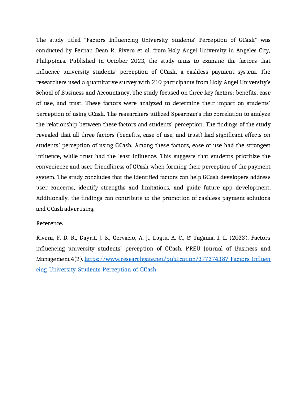 Factors Influencing U. Students' Perception of GCash: A Study - Studocu