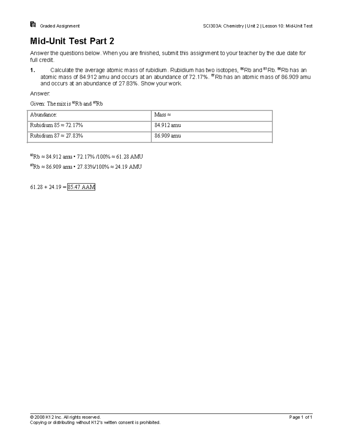 Mid-Unit Test Part 2 - Part two of a chemistry test - Graded Assignment ...