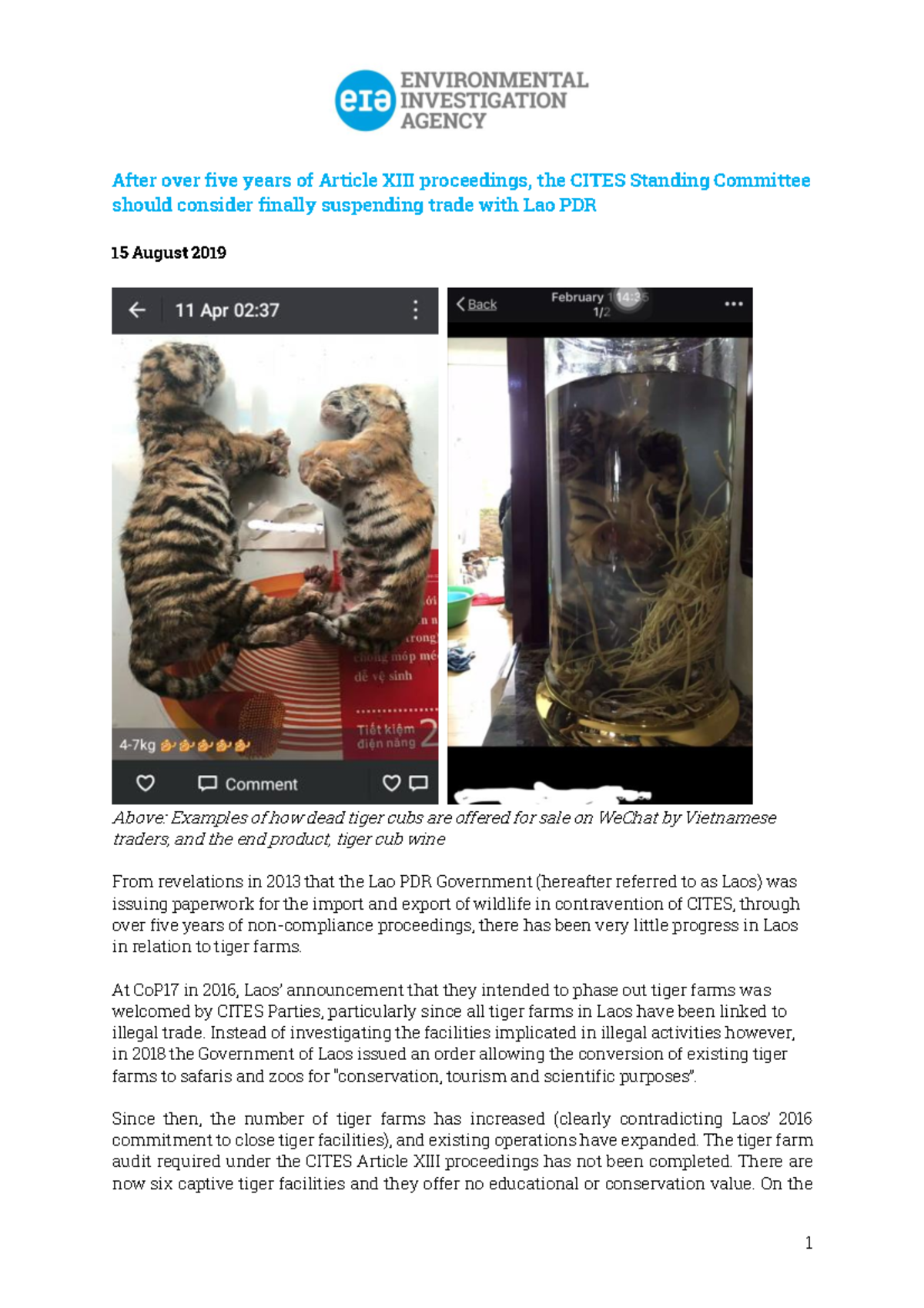 EIA Report: Tiger Trade in Lao PDR & Call for CITES SC71 Action - Studocu