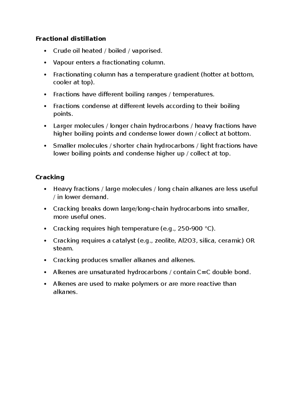 Fractional Distillation & Cracking of Crude Oil - 6 Marker Notes - Studocu