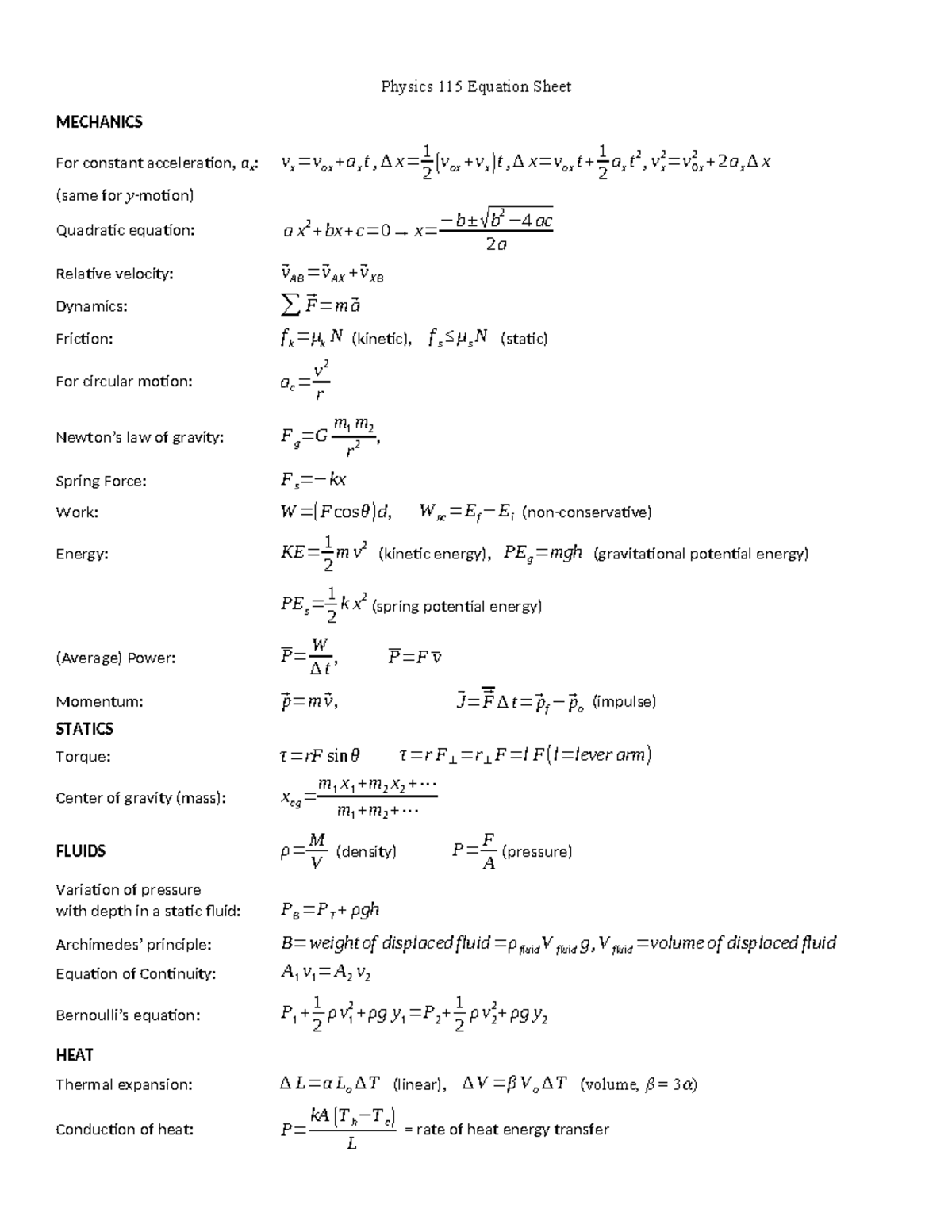 PHYS115 Final Exam Equation Sheet: Mechanics & Fluids - Studocu