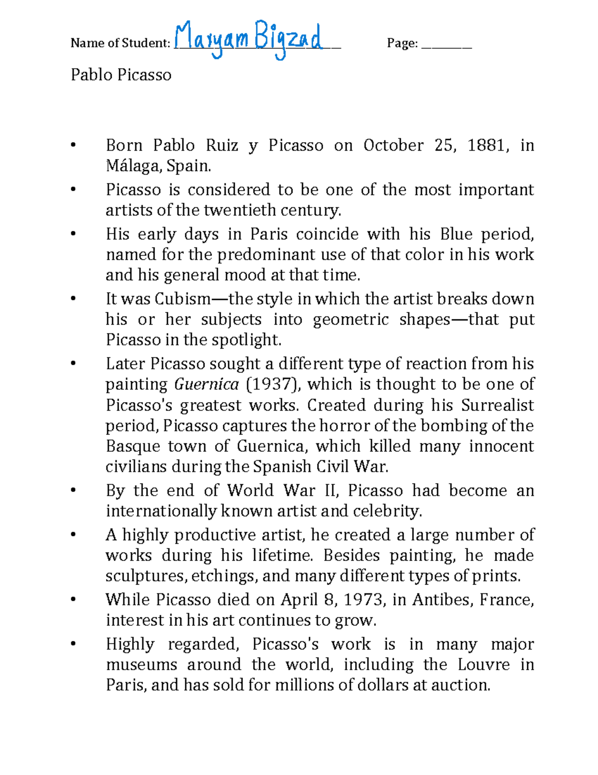 Unit 4 - Activity 8: Exploring the Life and Art of Pablo Picasso - Studocu