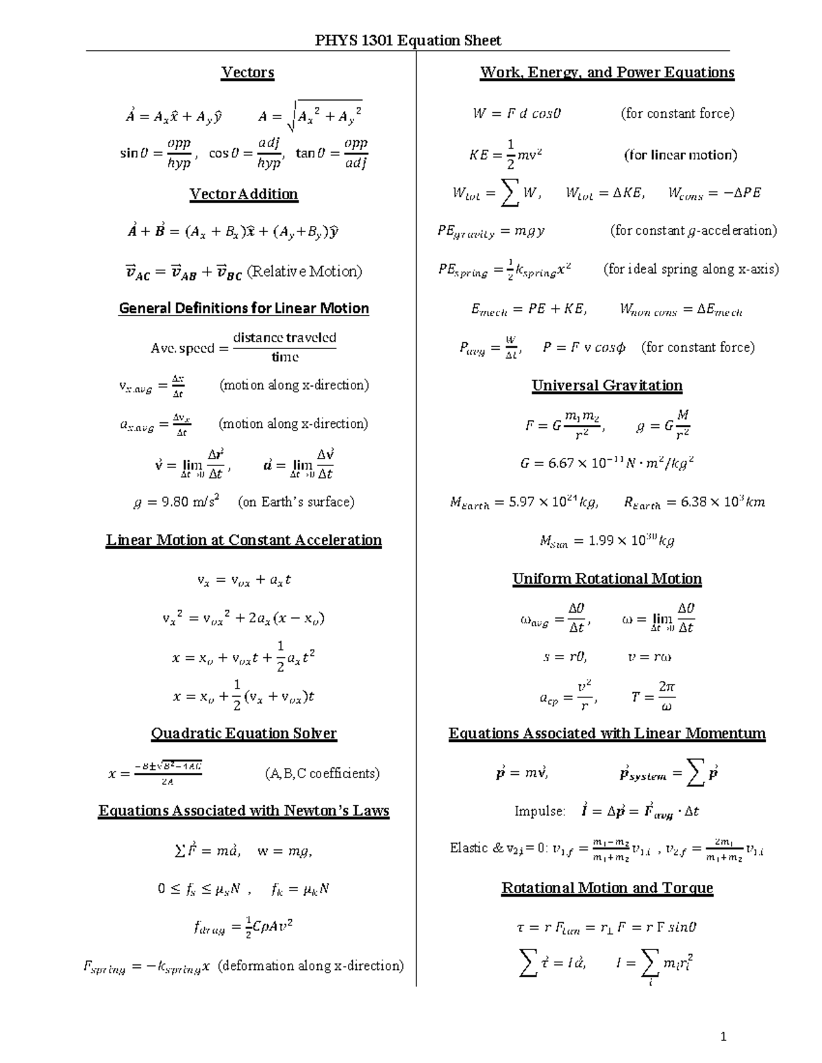 PHYS 1301 Lecture Equation Sheet: Vectors, Work, Energy & Power - Studocu