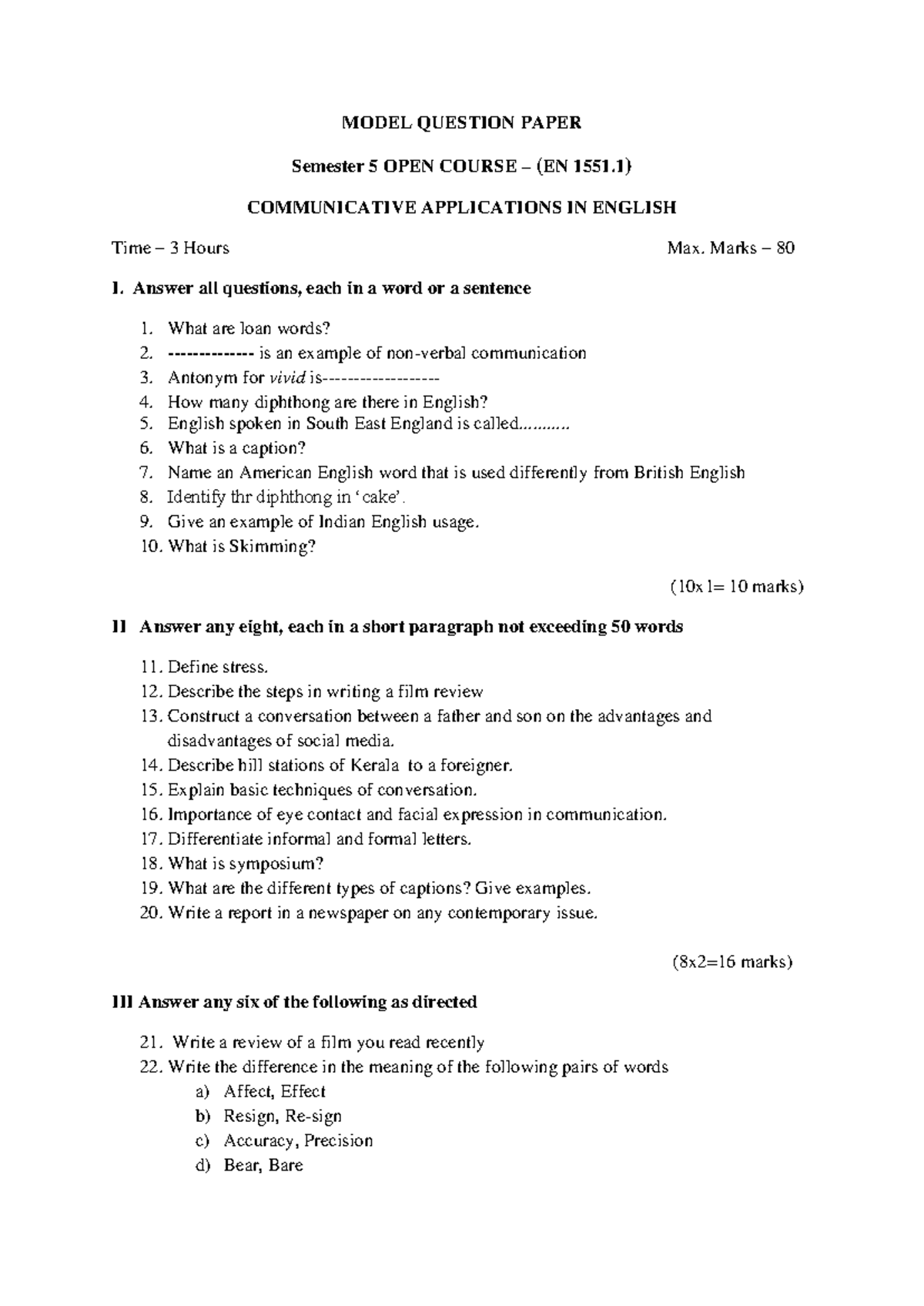 MODEL QUESTION PAPER EN 1551.1: COMMUNICATIVE APPLICATIONS IN ENGLISH ...