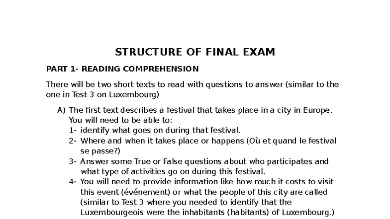 Final Exam Structure & Focus Areas: Reading & Oral Comprehension - Studocu