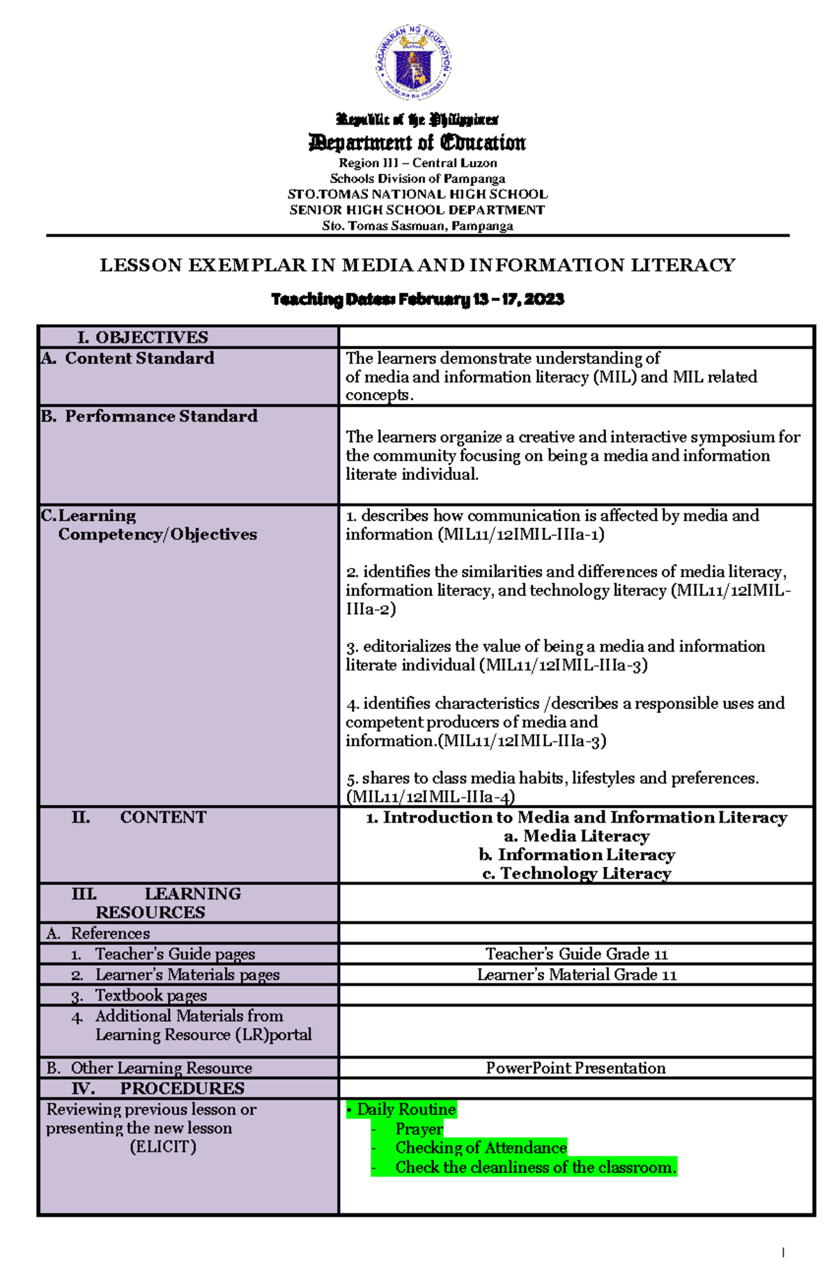 Lesson Exemplar: Intro to Media & Information Literacy (MIL11/12IMIL ...