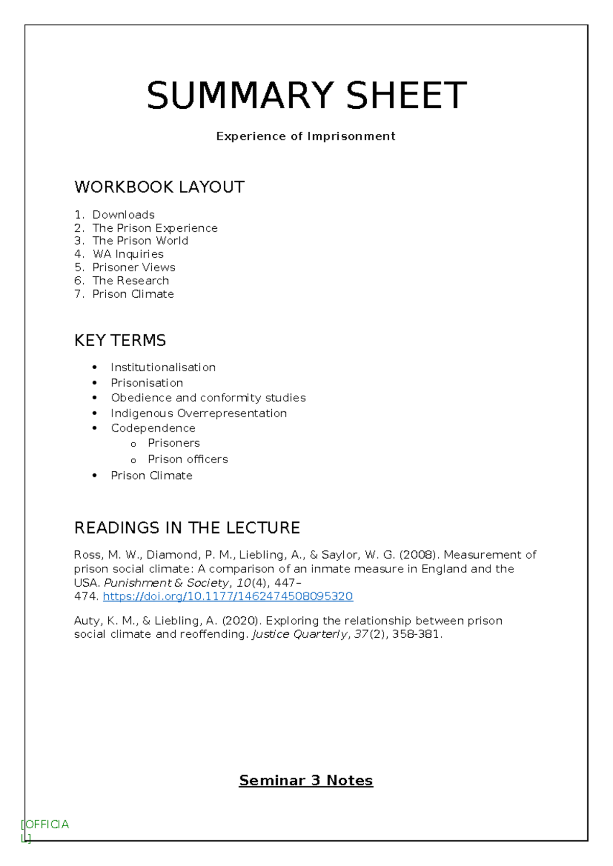 Wk3 Topic 3 Summary: Experiences of Imprisonment Lecture Notes - Studocu