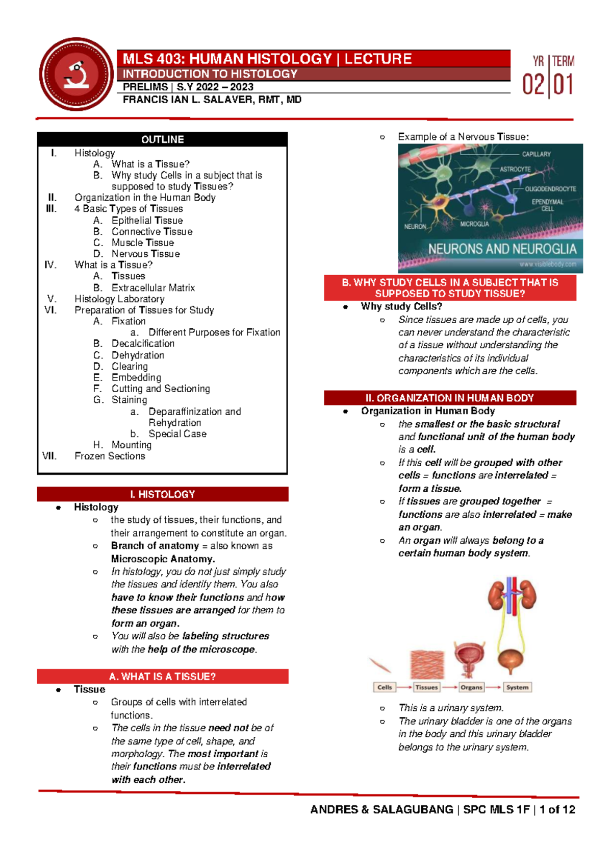 MLS 403: HUMAN HISTOLOGY LECTURE ON TISSUES AND CELLS PRELIMS S.Y 2022 ...