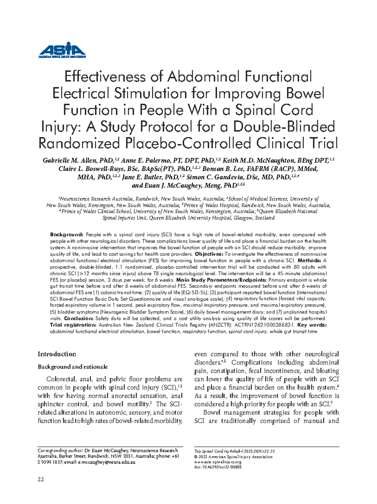 Effectiveness of Abdominal FES on Bowel Function in SCI: Study Protocol ...