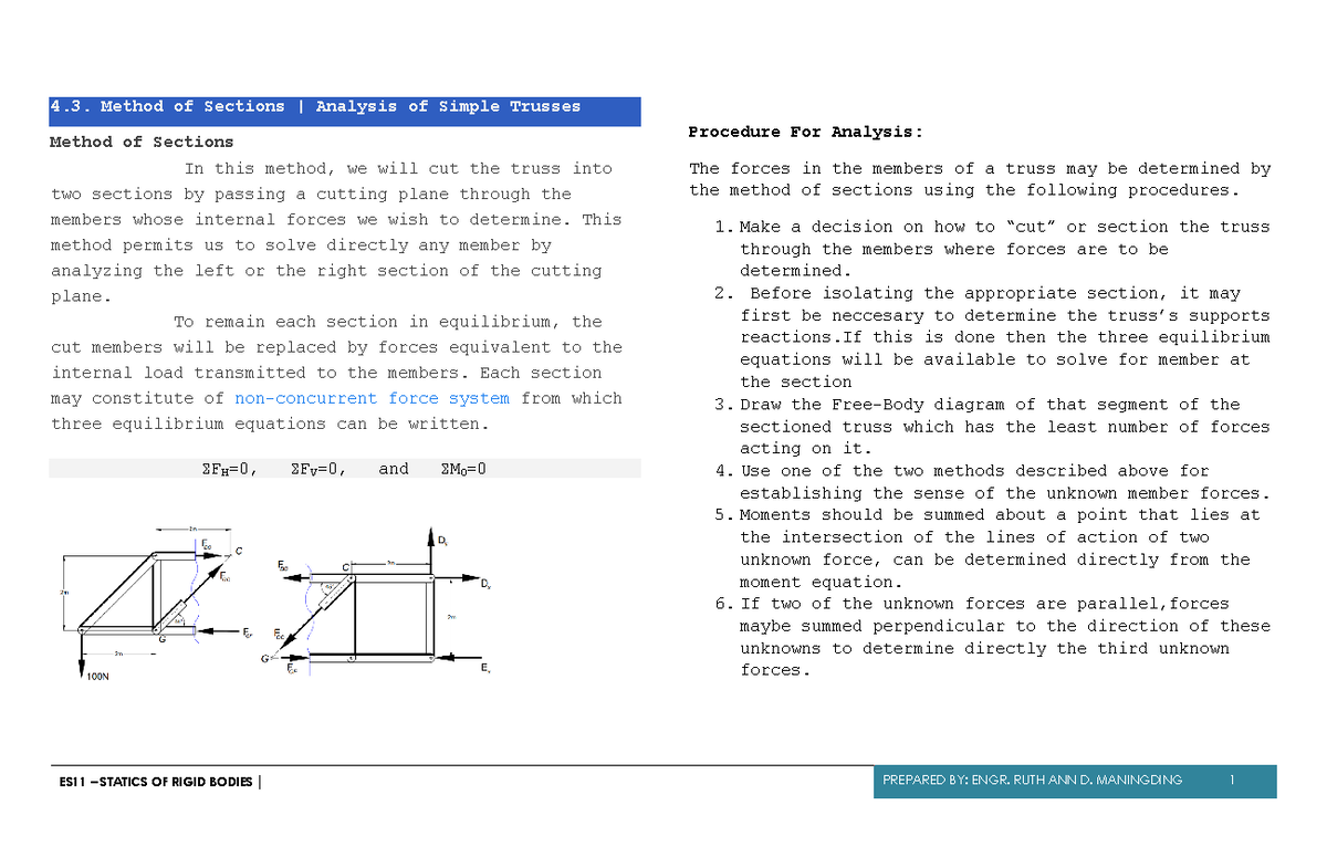 Method of Sections: Analyzing Simple Trusses in Engineering Statics - Studocu