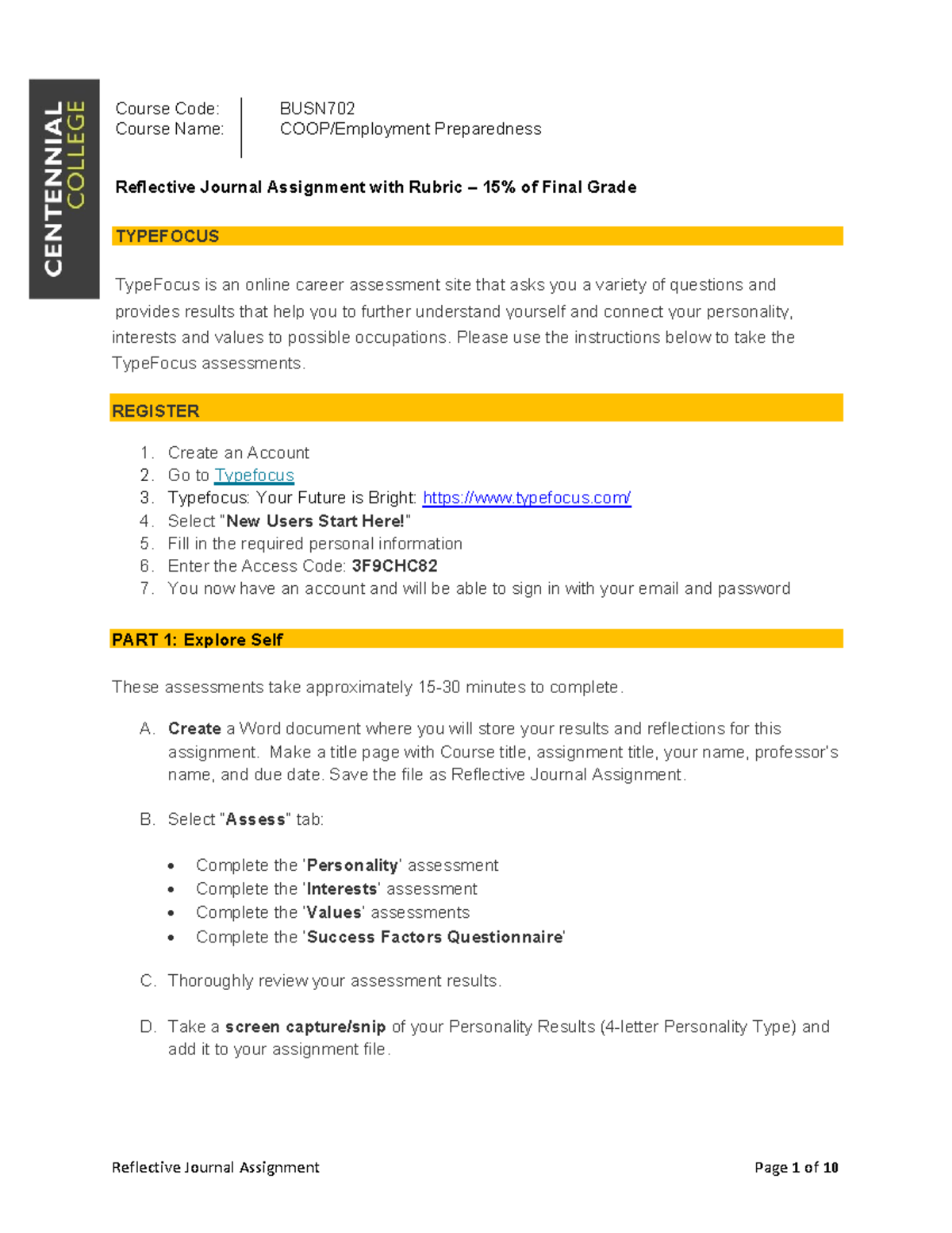 Reflective Journal Assignment with Rubric - Course Code: BUSN Course ...