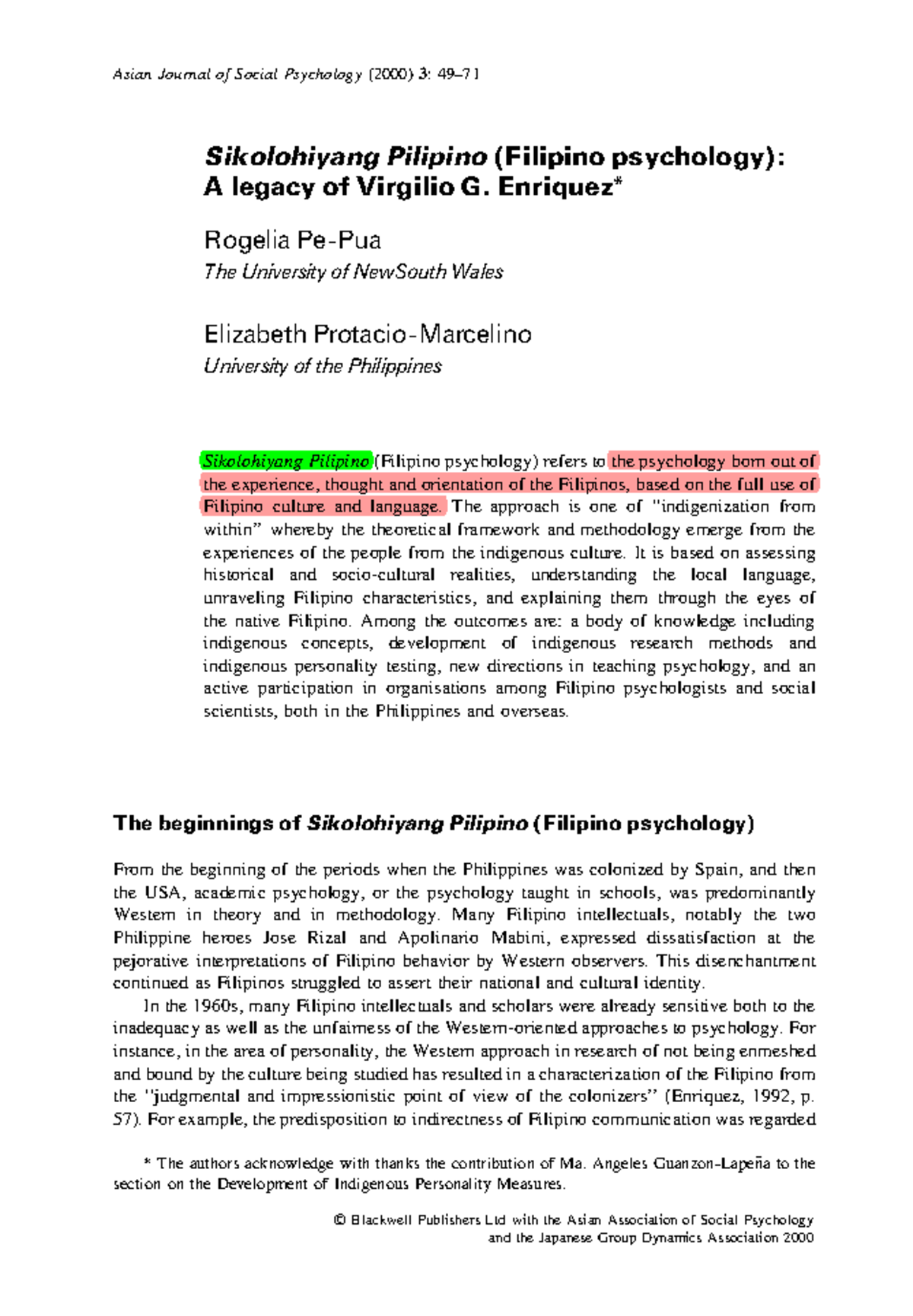 Sikolohiyang Pilipino: Legacy and Development in Filipino Psychology ...