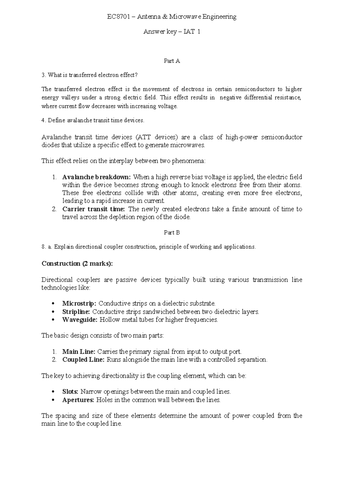 EC8701 Microwave Engineering IAT 1 Answer Key: Concepts & Principles ...
