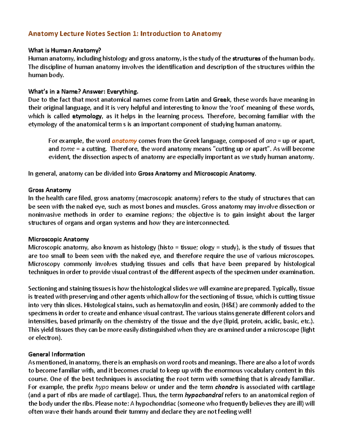 Anatomy Lecture Notes (Course Code: ANAT 101) - Introduction to Human ...