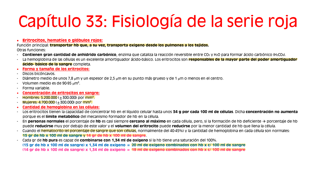 Capítulo 33 Guyton: Resumen sobre Fisiología de Eritrocitos - Studocu