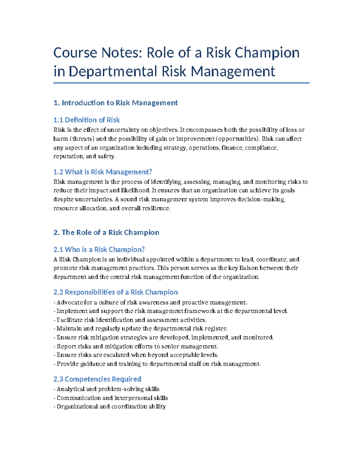 Risk Champion Course Notes Full - Course Notes: Role of a Risk Champion ...
