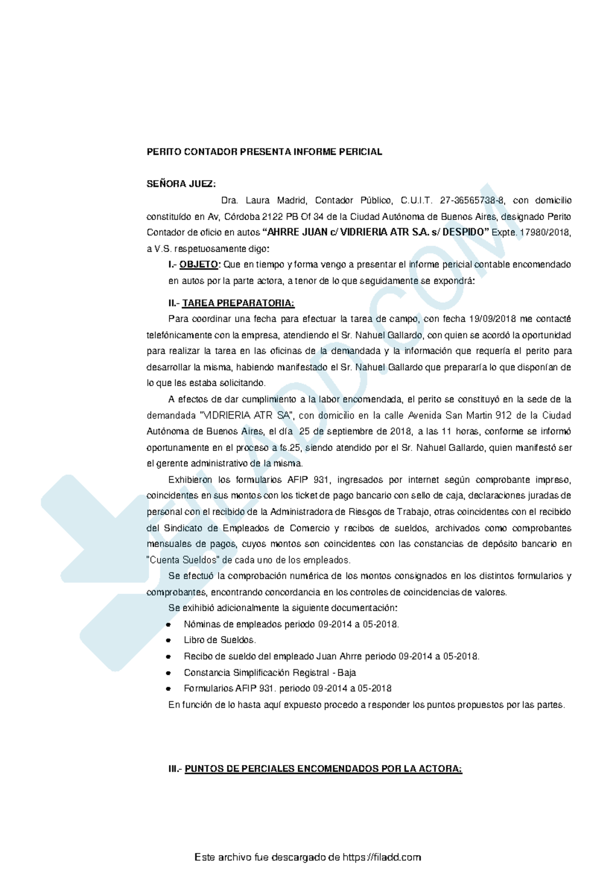 Informe Pericial Contable - JUAN VIDRIERIA ATR S.A. - Dra. Laura Madrid ...