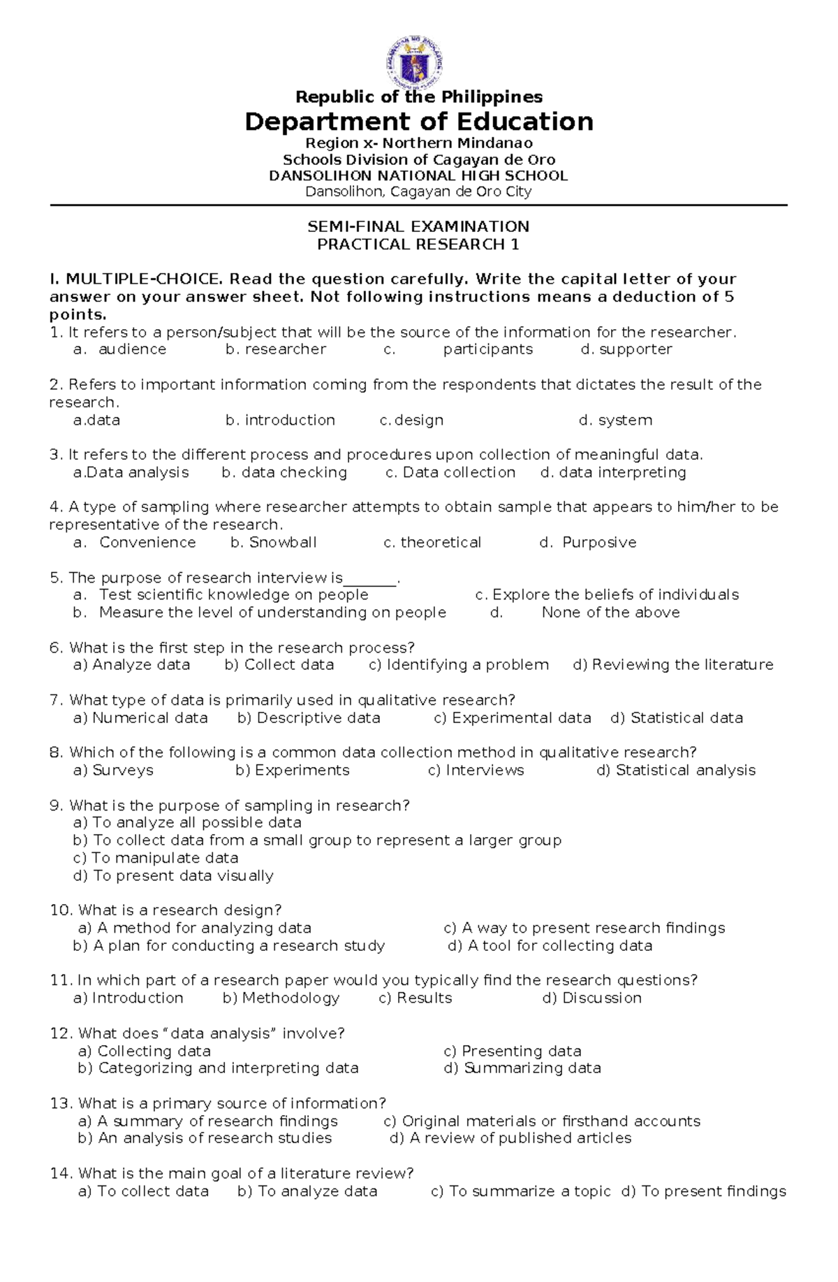 Semi-final exam Practical Research 1 - Republic of the Philippines ...
