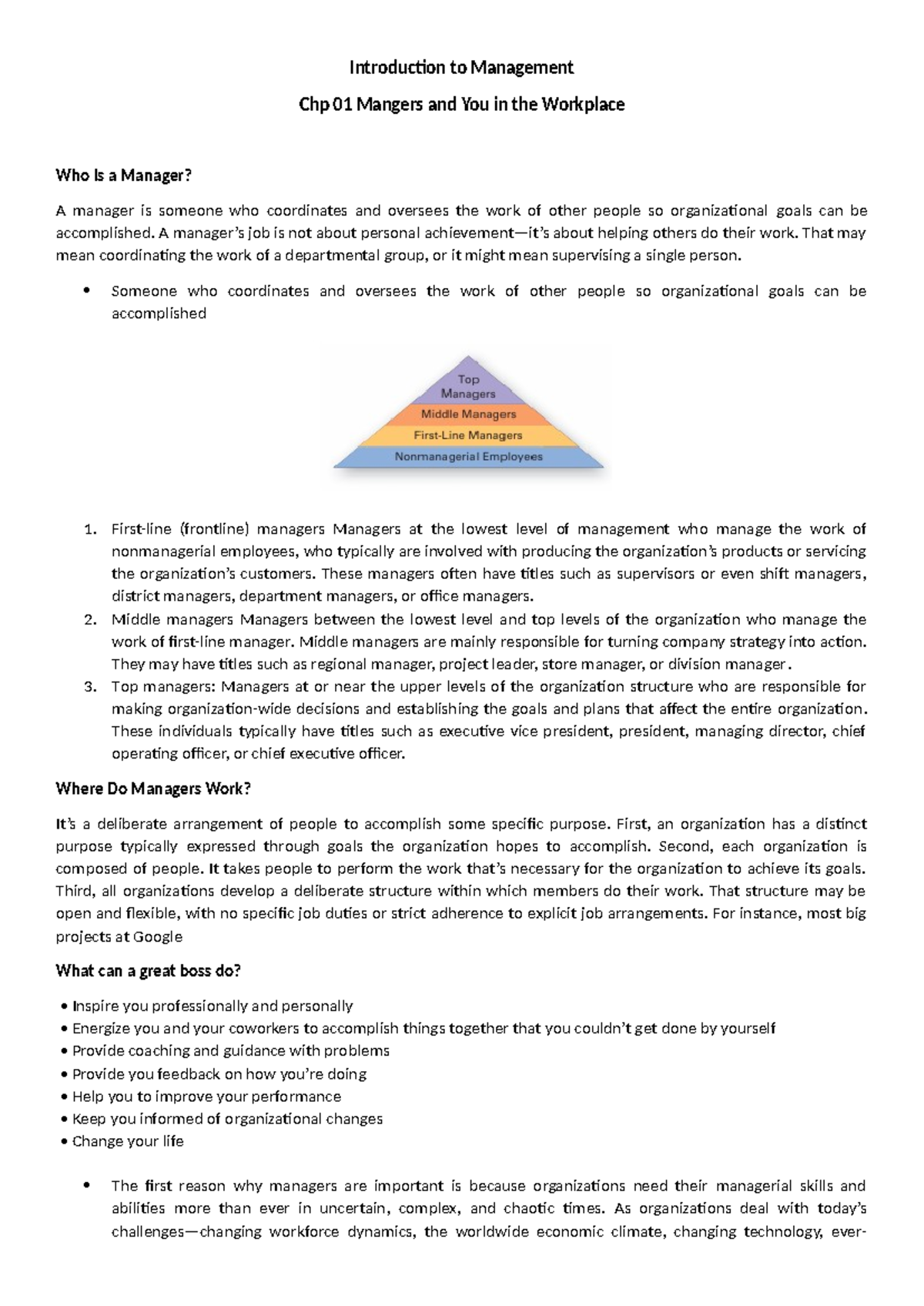 Management - Lecture notes Chp 1 - 4 - Introduction to Management Chp ...