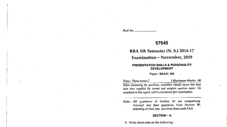 BBA 5th Sem Exam Nov 2019: Presentation Skills & Personality Dev. - Studocu