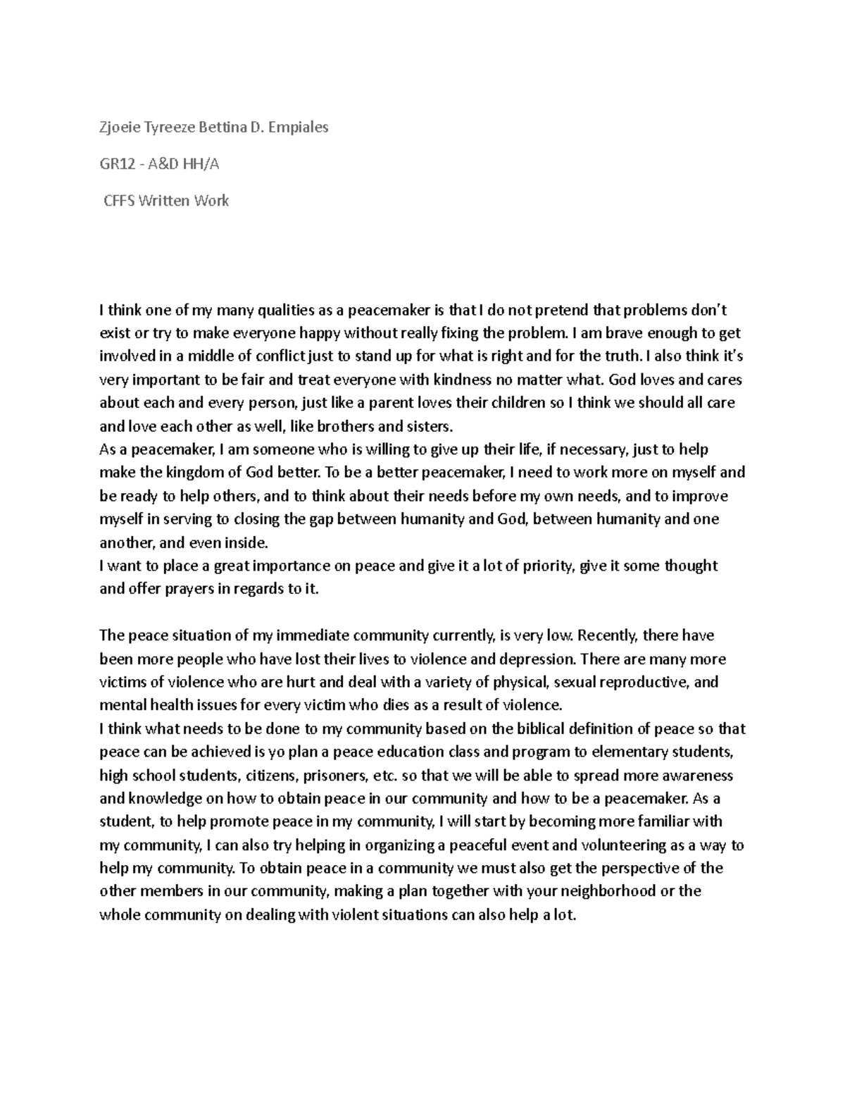 CFFS Written Work: Reflections on Peacemaking and Community Peace - Studocu